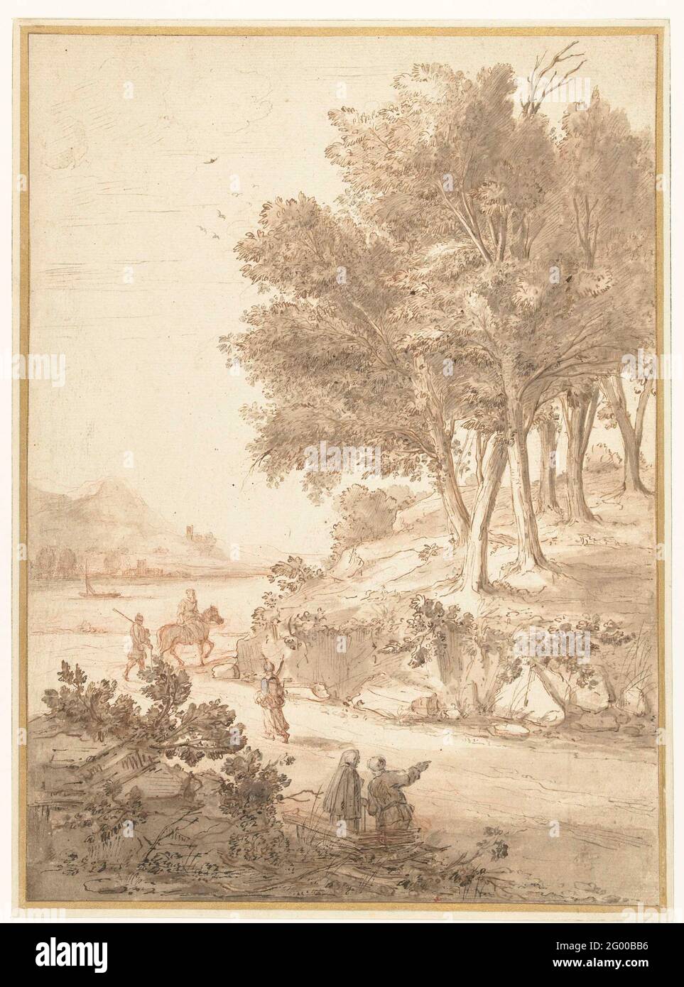 Landscape with figures on a road, leading to a river Stock Photo - Alamy