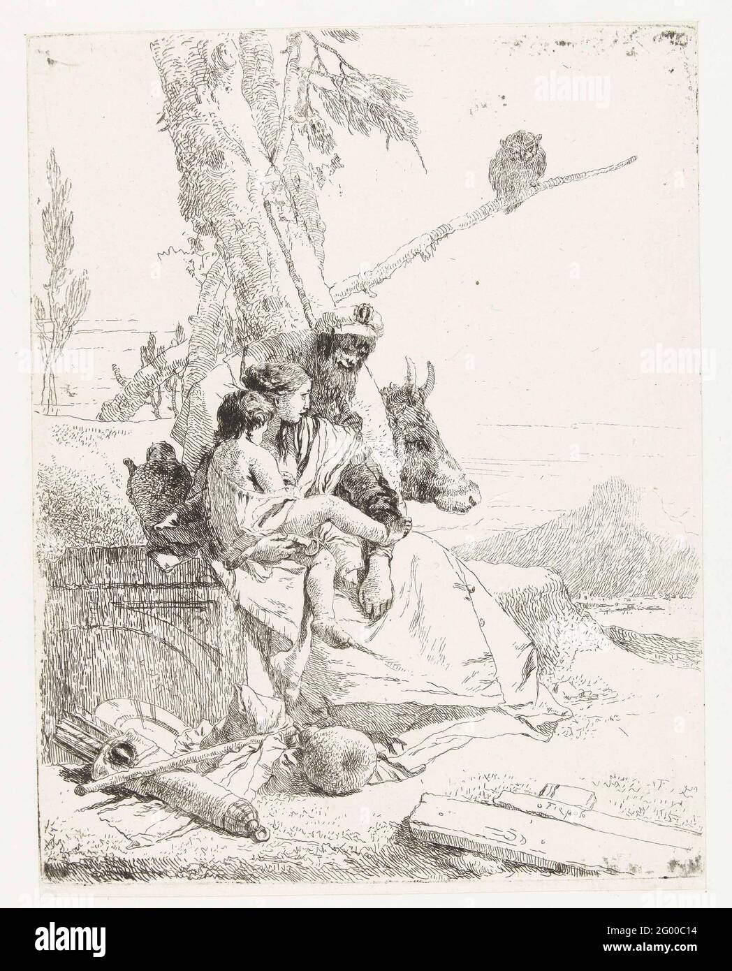 Wizard and woman with child sitting at tree; Oriental with woman and ...