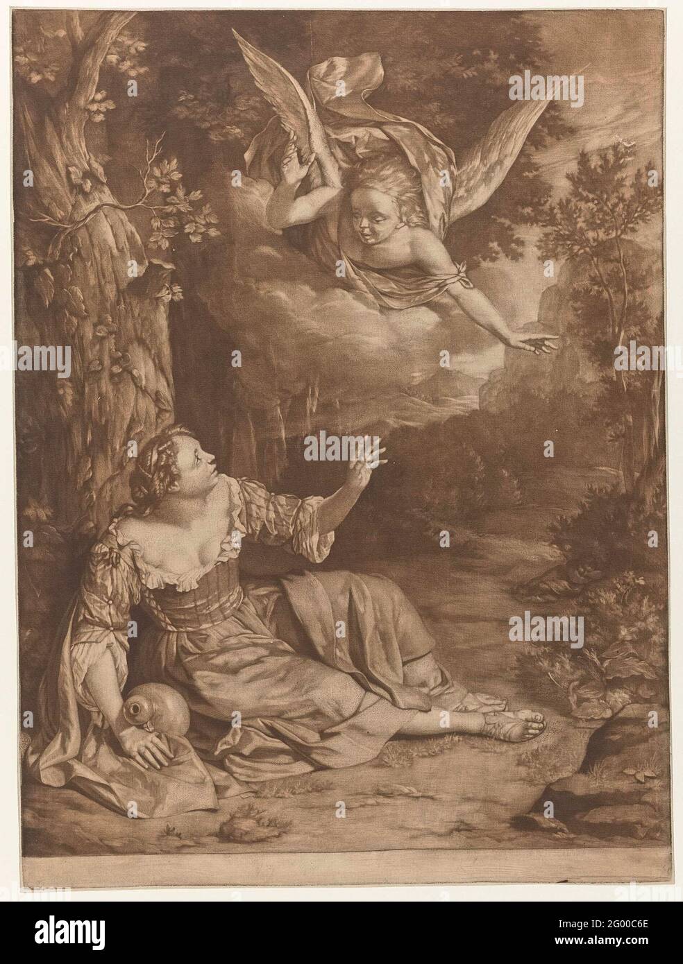 Hagar and Ismaël in the wilderness. An angel points his way to a source ...