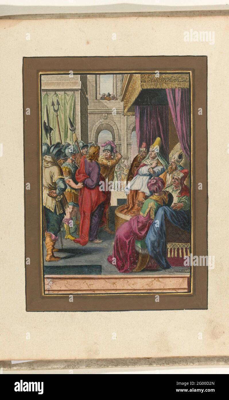 Christ for Kajafas; Passion of Christ. Christ stands with hands bound ...