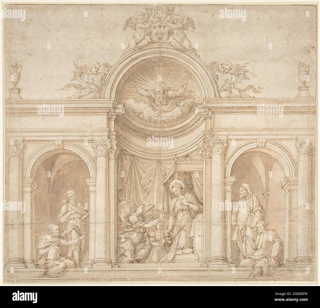 Altarpiece with a proclamation and two prophets on either side. Design ...