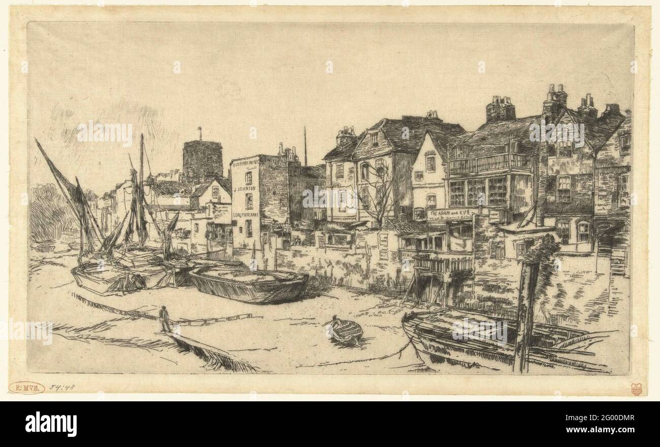 Pub on the shore of the Thames; The Adam and Eve. A row of houses on ...