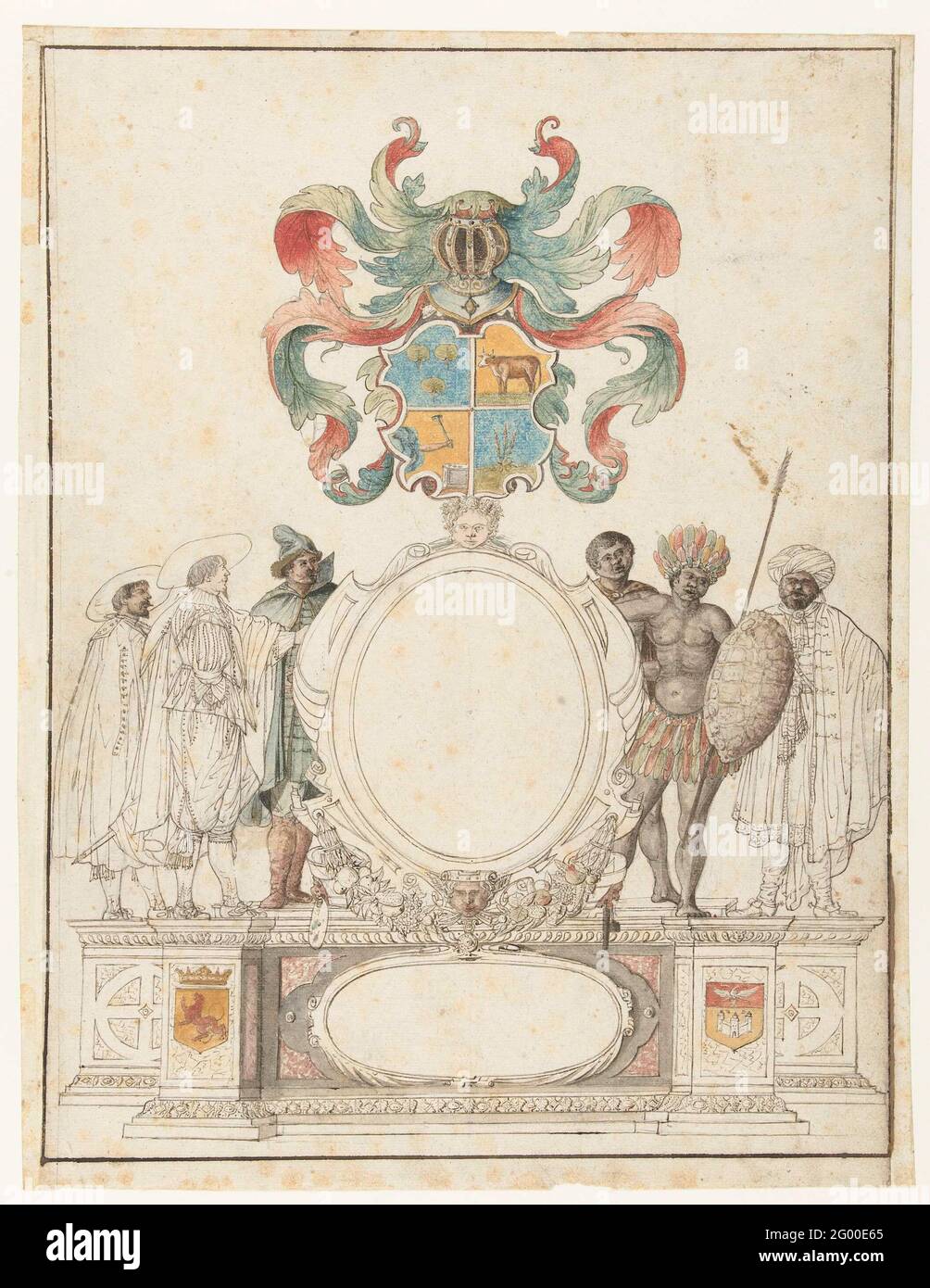 Cartouche for a map. Design for a cartouche for a map with three men of ...