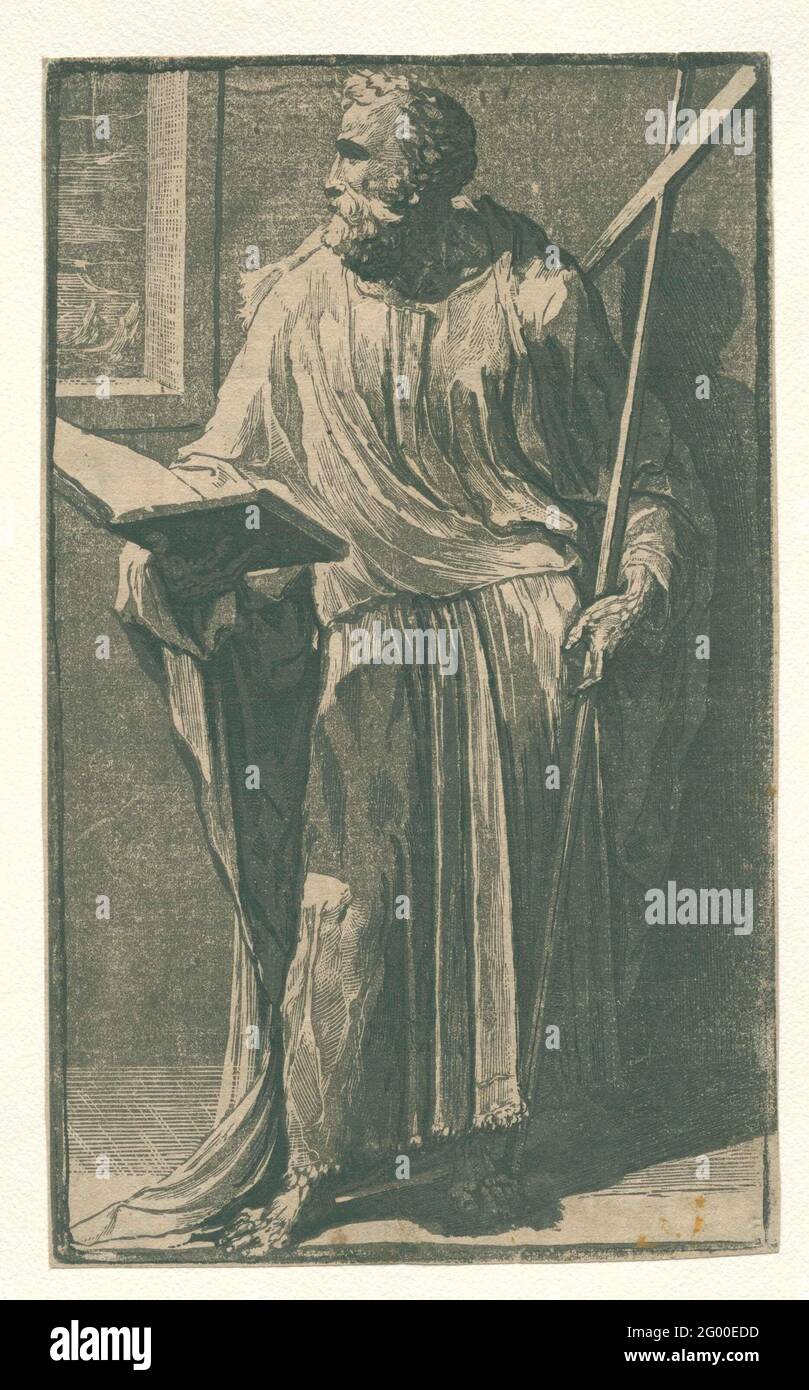 Holy Philip. The standing apostle Philip with open book and cross with ...