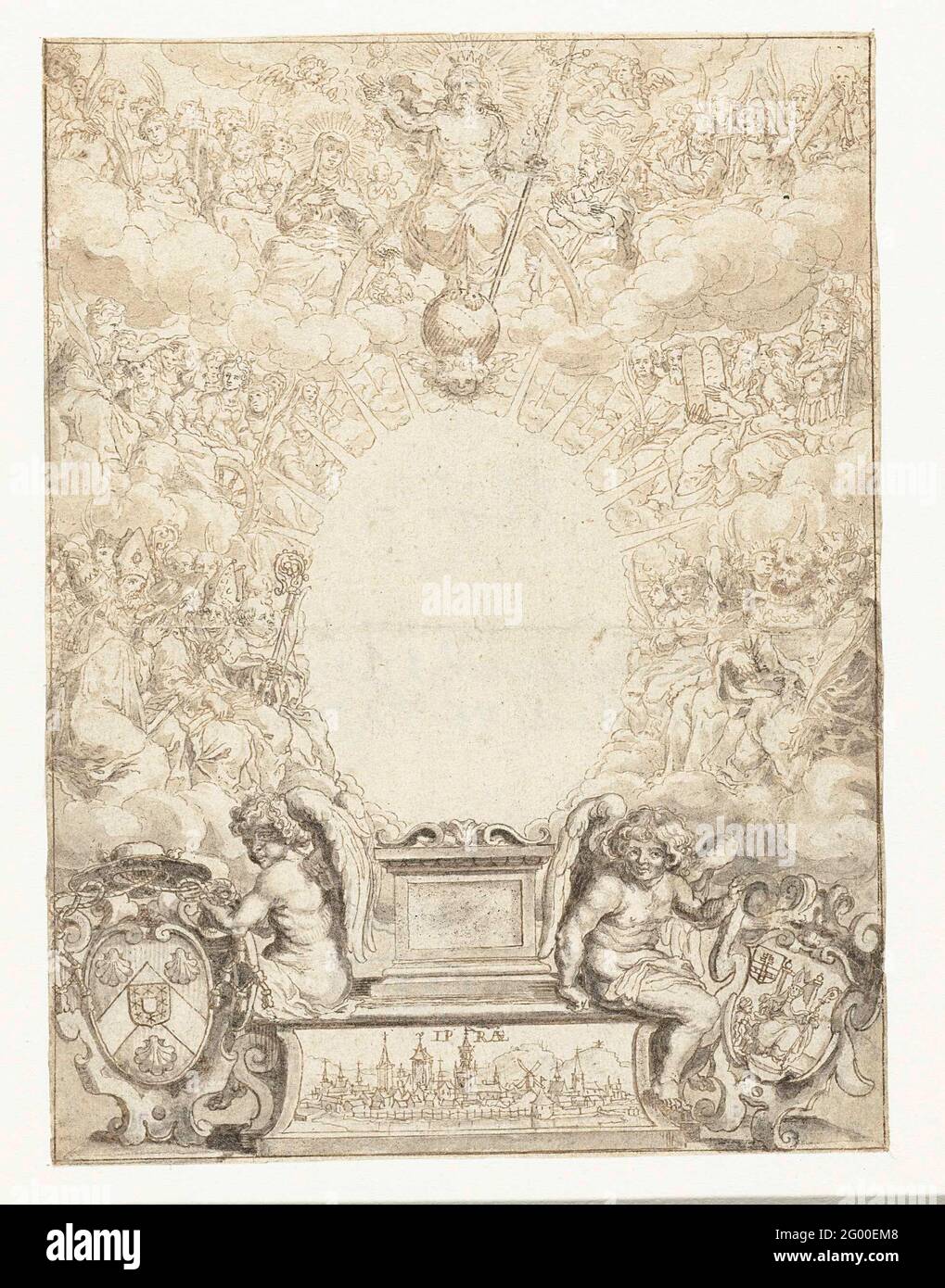 Design for title page with Christ surrounded by figures. Christ troning ...