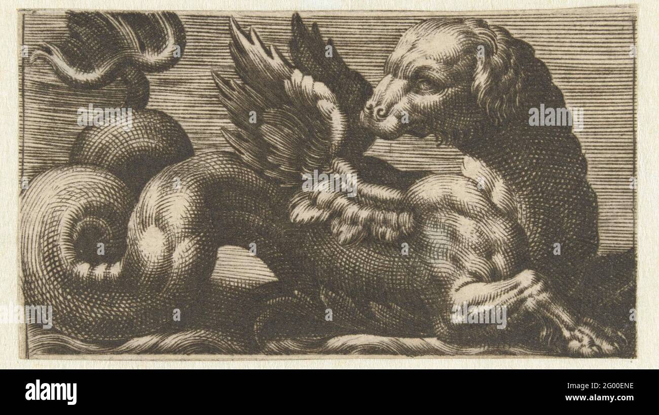 Winged sea monster with a dog head; Frisians with sea samples Stock ...