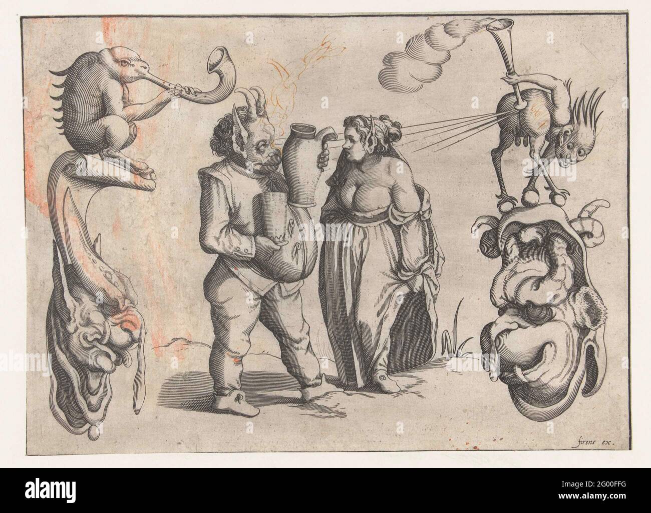 Woman and male monster with can and cup; Groteske figures surrounded by ...