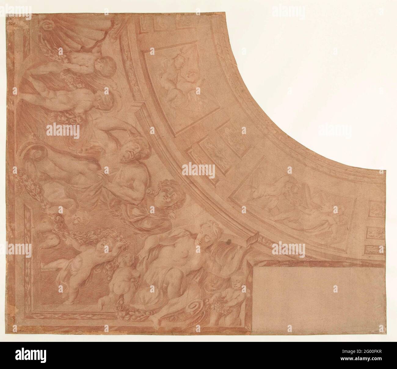 Design for a corner piece of a ceiling with sitting figures, putti and ...