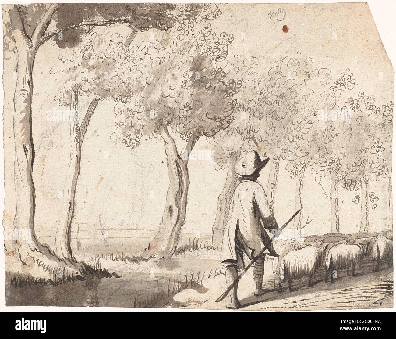 Shepherd and his flock walking on a path along trees Stock Photo - Alamy