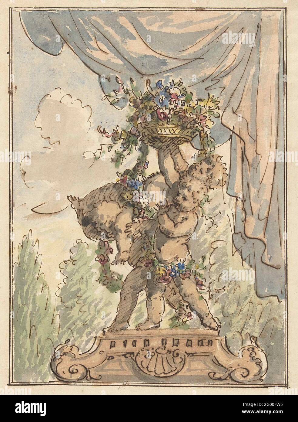 Three putti with a flower basket. Design for a painting Stock Photo - Alamy