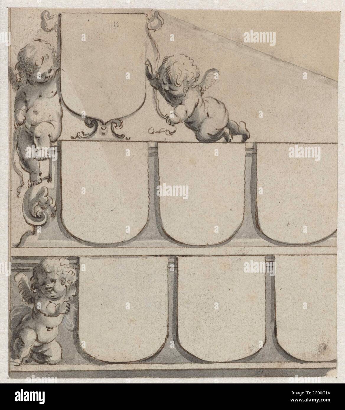 Three putti with seven blank coats of arms. Design for a print Stock ...