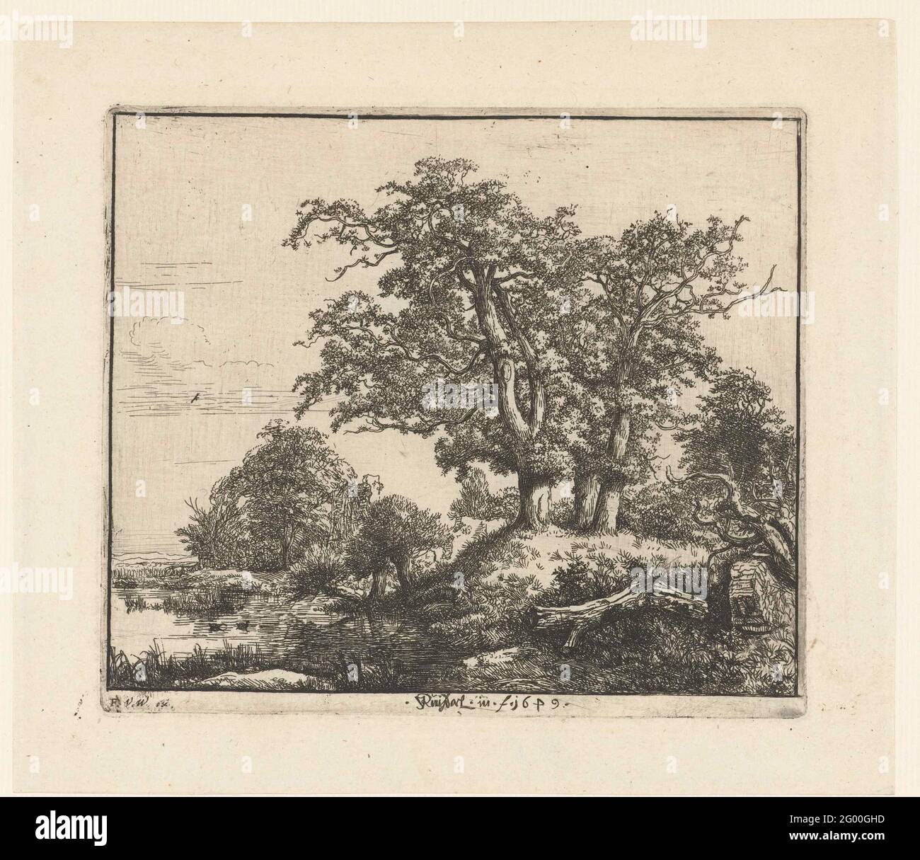 The three oaks. Three oak trees on a small hill at a pond Stock Photo ...