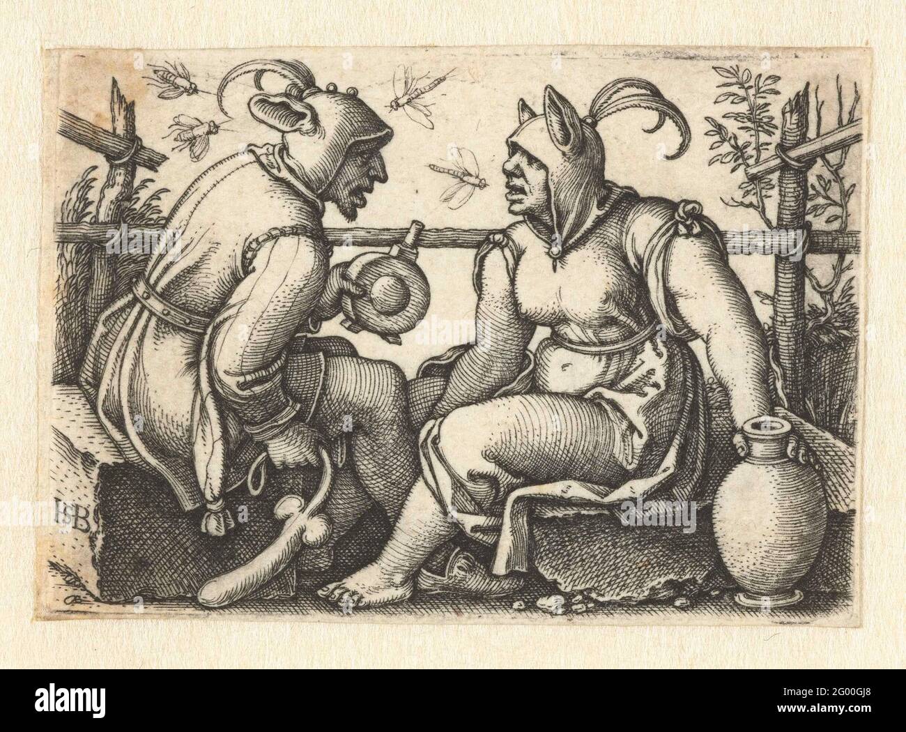 Jester with phallus and female jester. A male and feminine jester faces ...