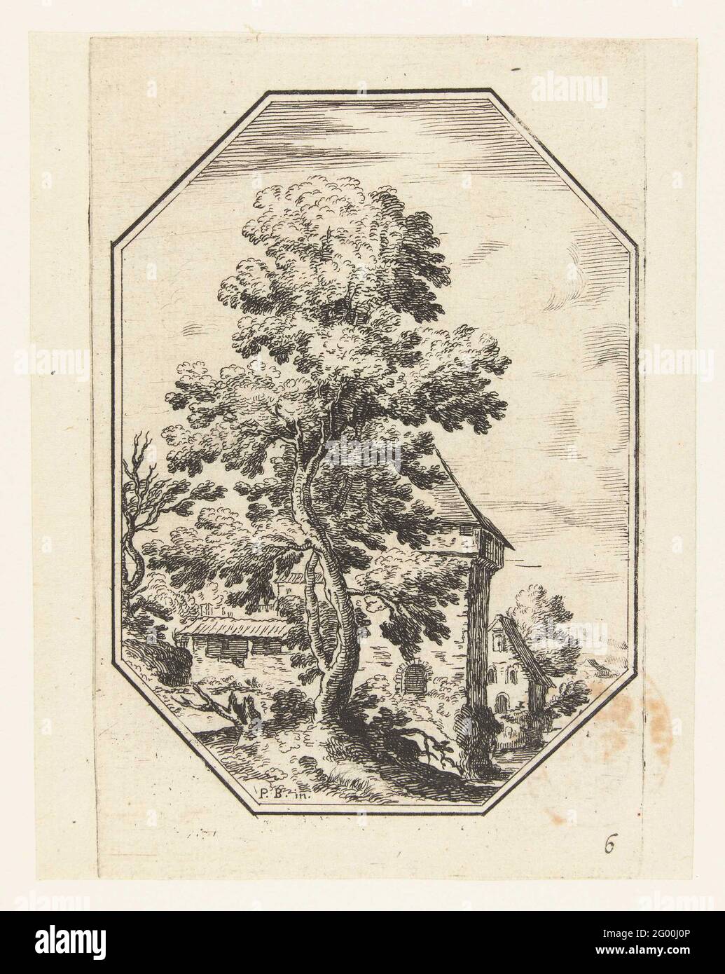 Landscape with large tree in octagonal frame; Octagonal landscapes ...