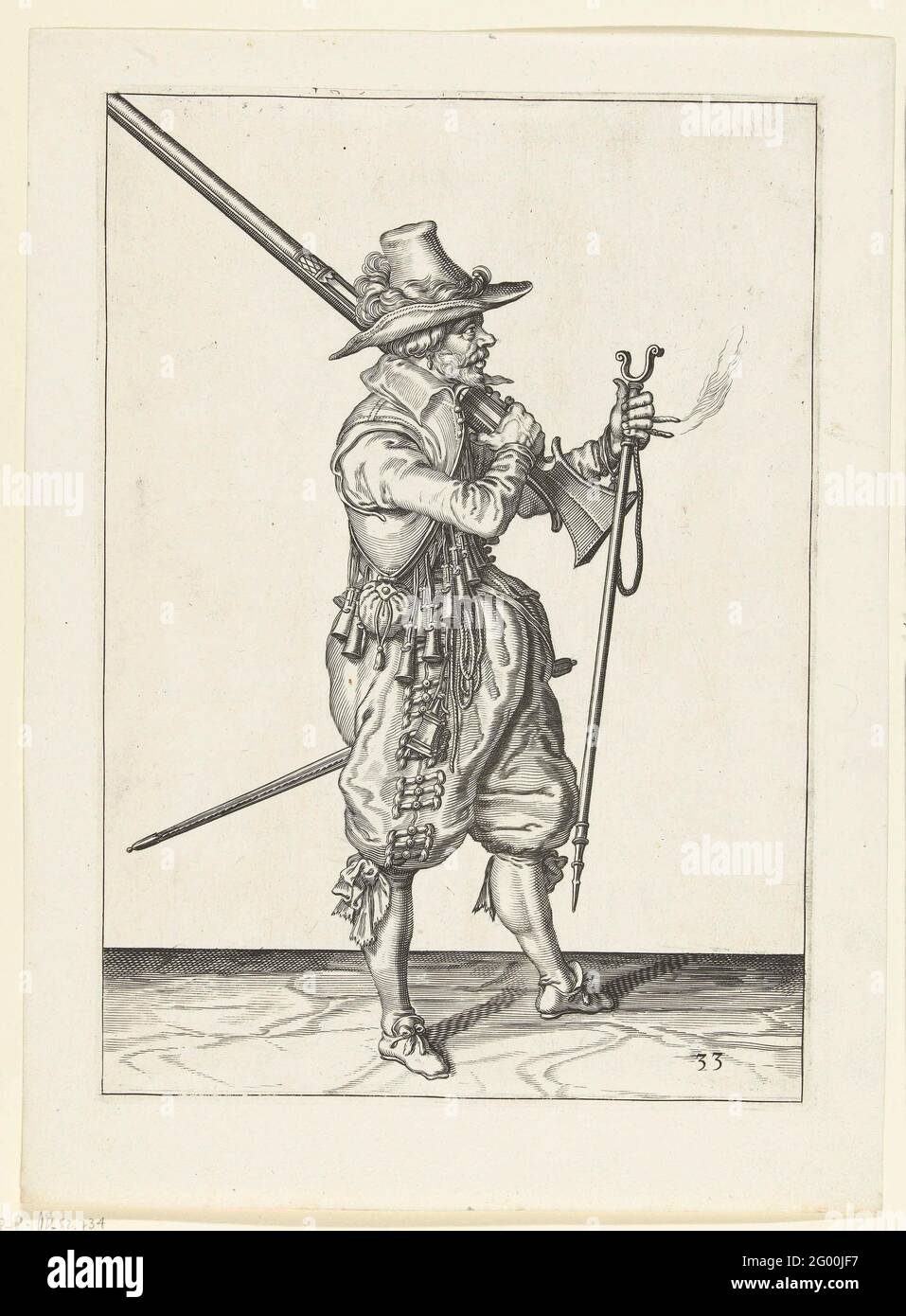 Soldier laying his musket with his right hand on his shoulder; Arms ...