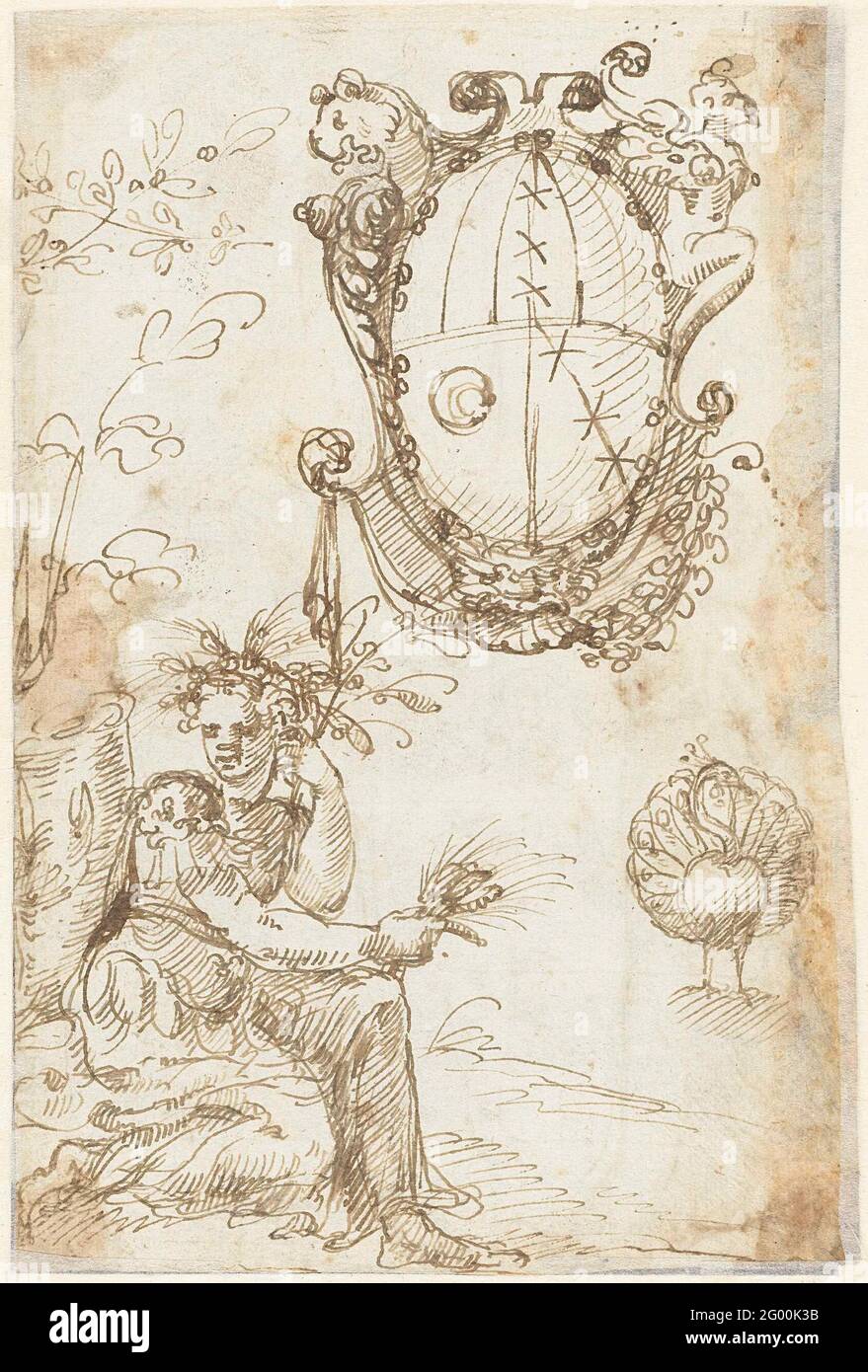 Woman with ears of corn, a showing peacock and a family crest in ...