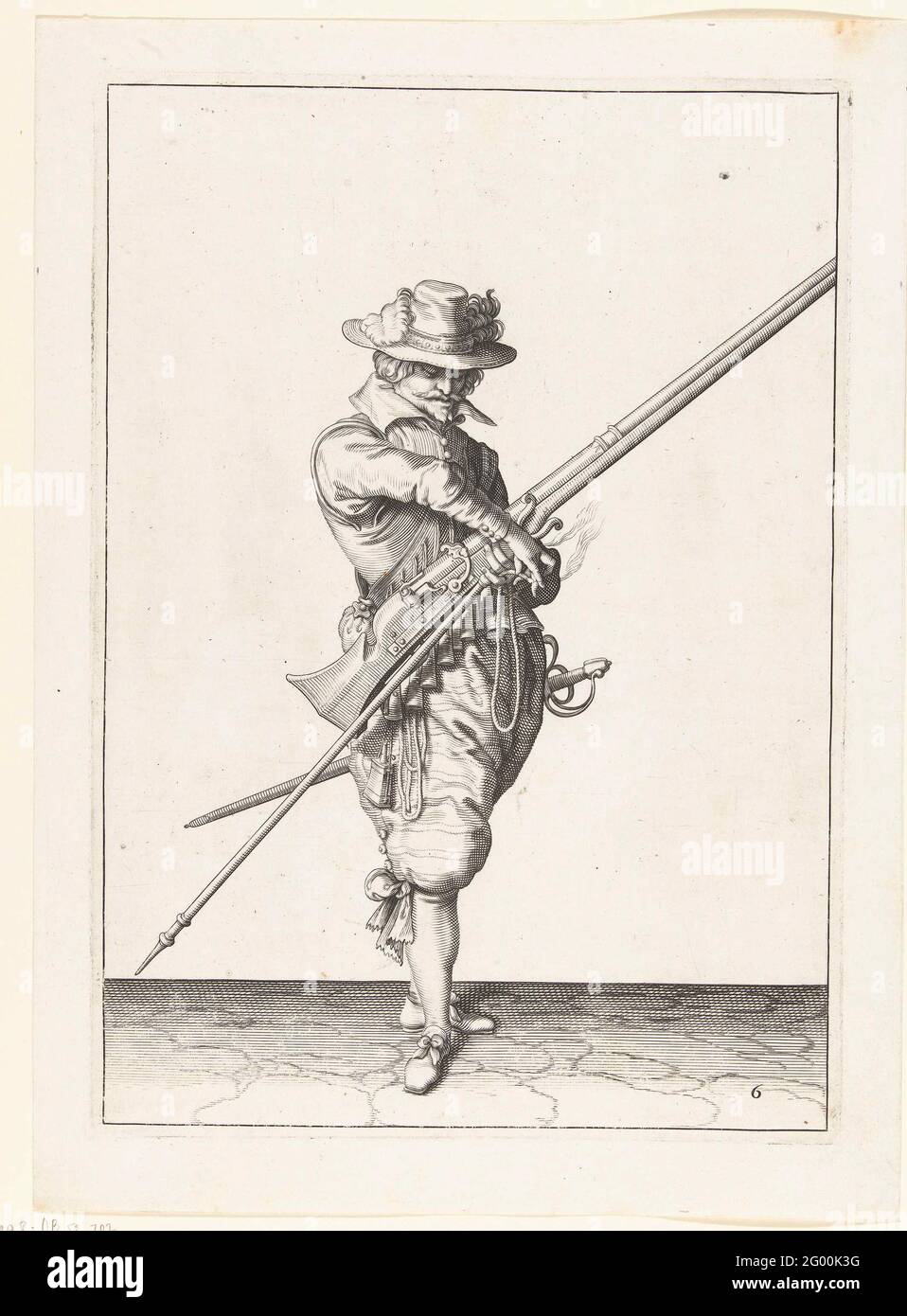 Soldier with a musket that grabs his wick; Arms handhe van Roers ...