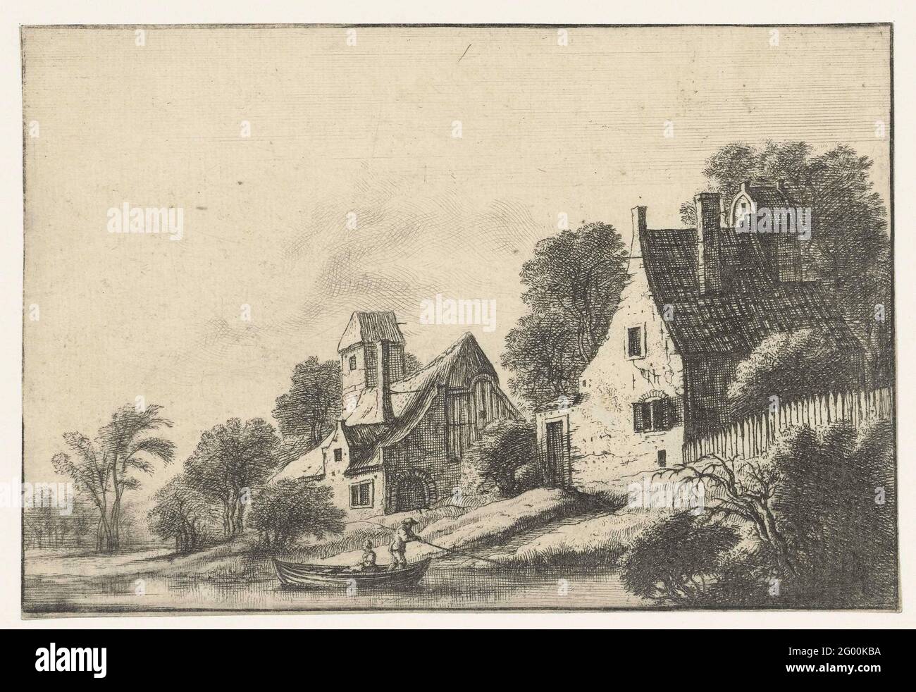 Village on the water. Two houses on a waterfront; Two men in a boat on ...