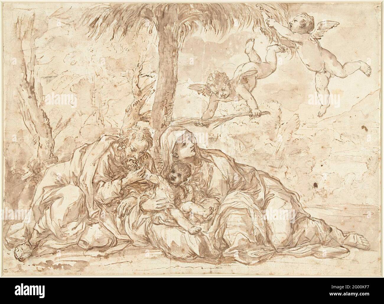 Holy family resting under a palm tree Stock Photo - Alamy