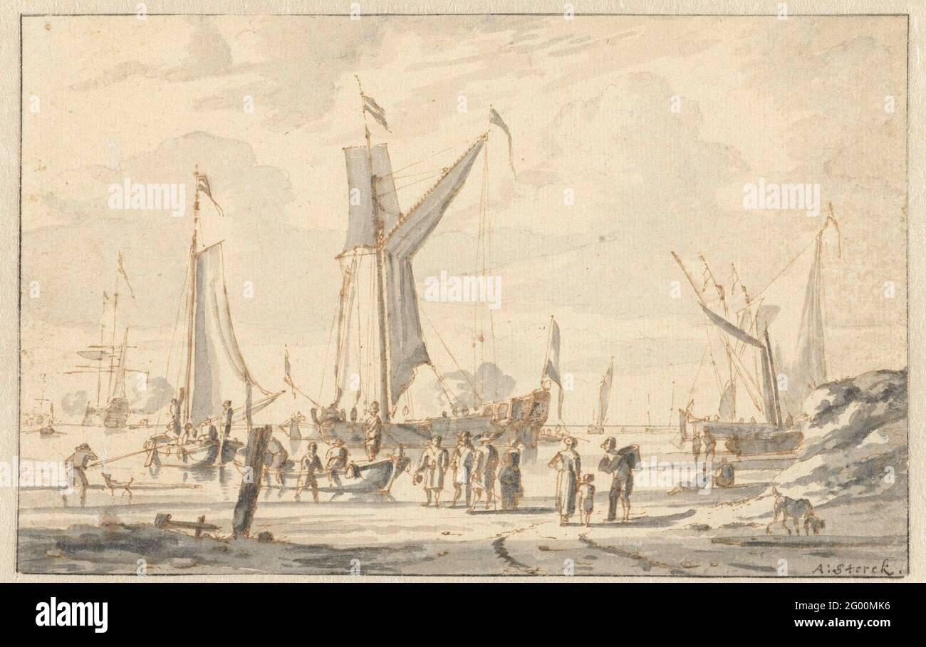 Rowing boats and a ship. Rowing boats coming from a ship on a beach ...