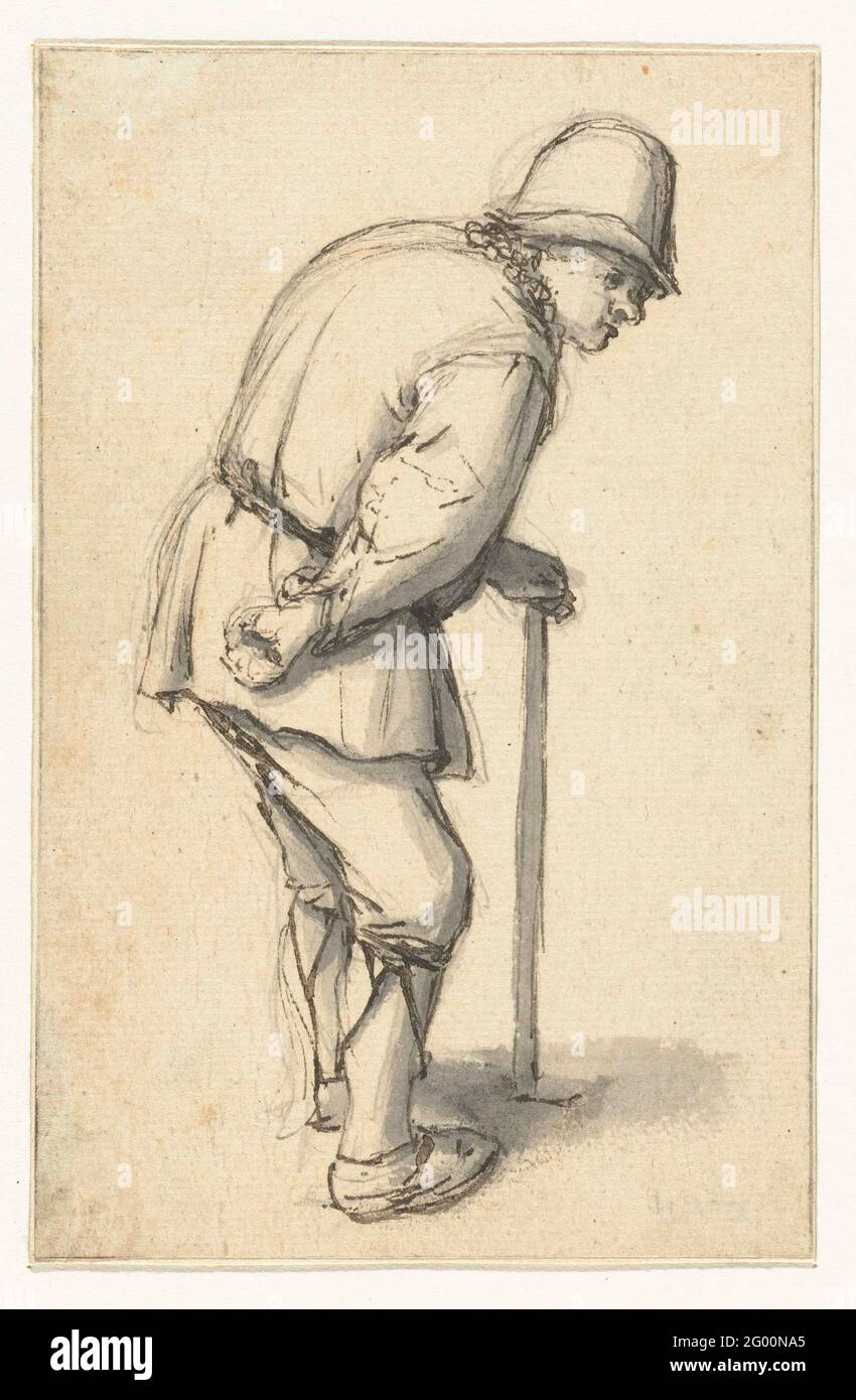 Curved man's figure with a stick in hand. Design for a print Stock ...