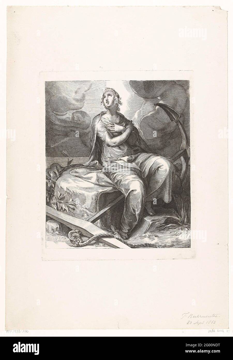 Hope. The theological virtue Hoop (SPES). Hope is sitting on a stone ...