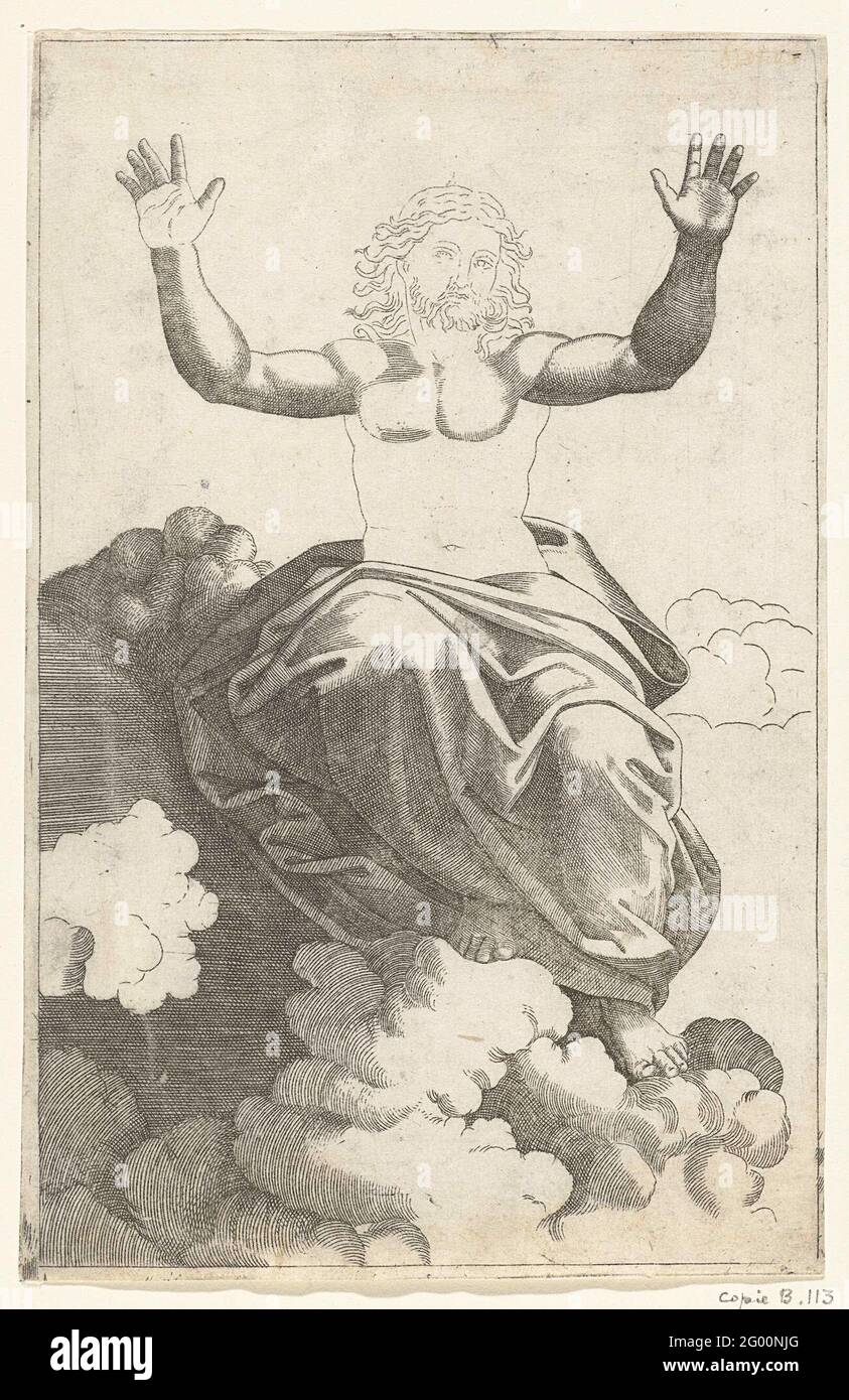 Christ sitting on clouds with arms raised Stock Photo - Alamy