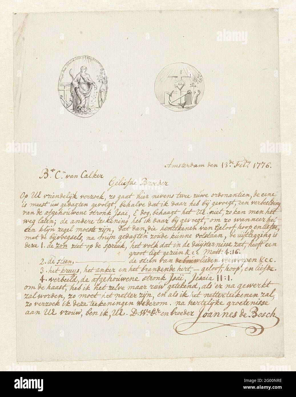 Letter with two designs for allegorical vignettes Stock Photo - Alamy