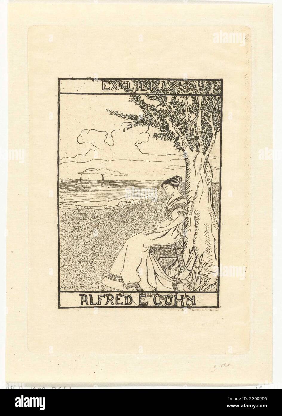 Ex libris of Alfred E. Cohn. A young woman sits reading under a tree ...