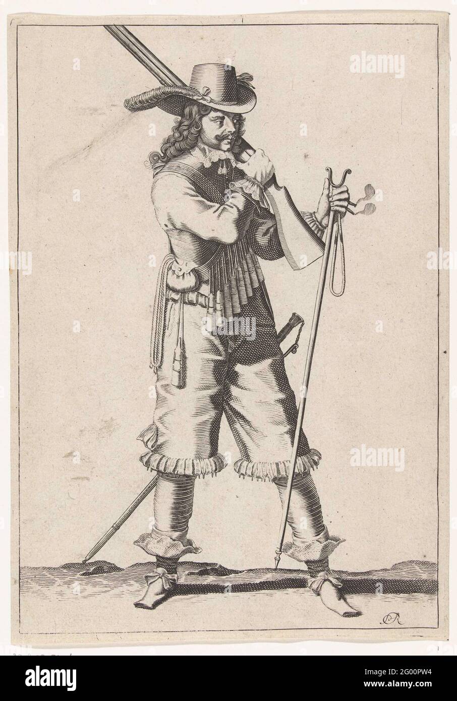 Soldier laying his musket with his right hand on his shoulder, ca. 1645 ...
