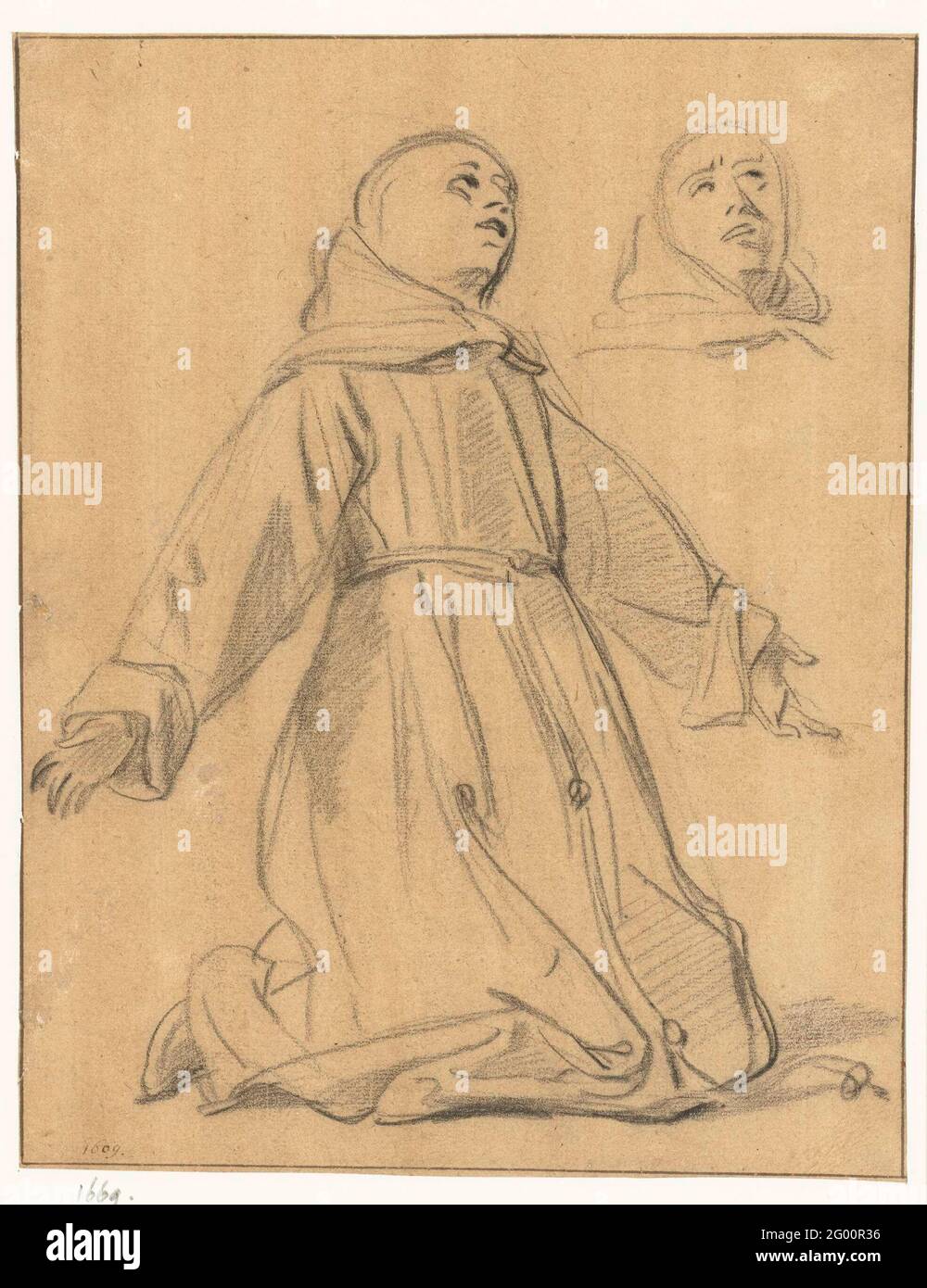 Study of a kneeling monk. A monk in delight, kneeling on the ground and ...