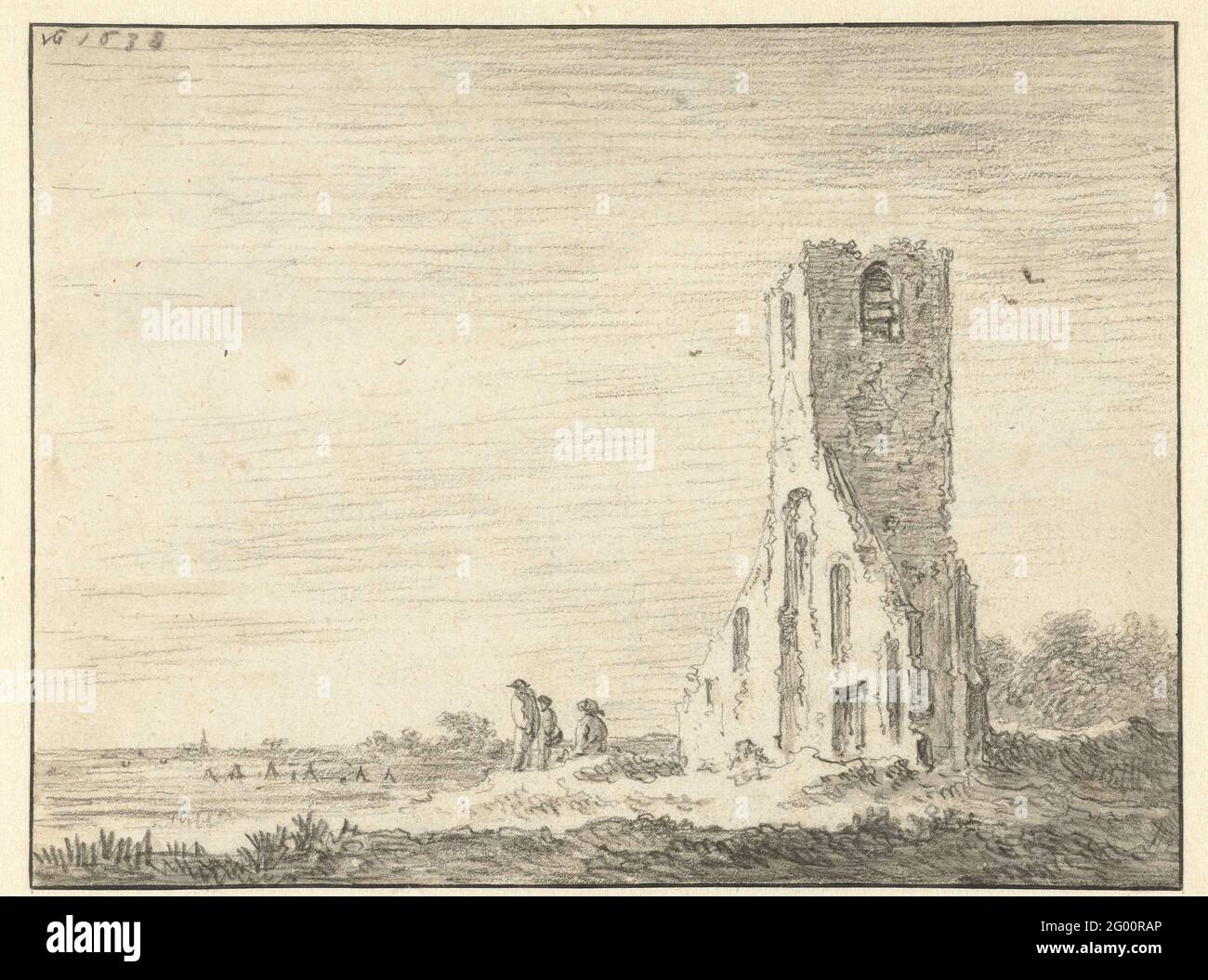 Old ruin of a square church tower. Ruin with three figures with links ...