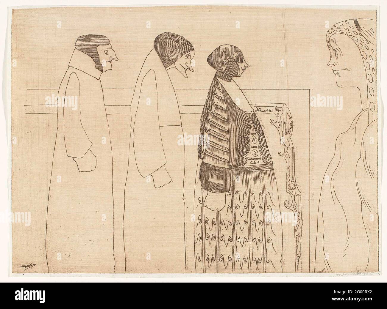 Three figures to the right and one to the left. Four standing or ...