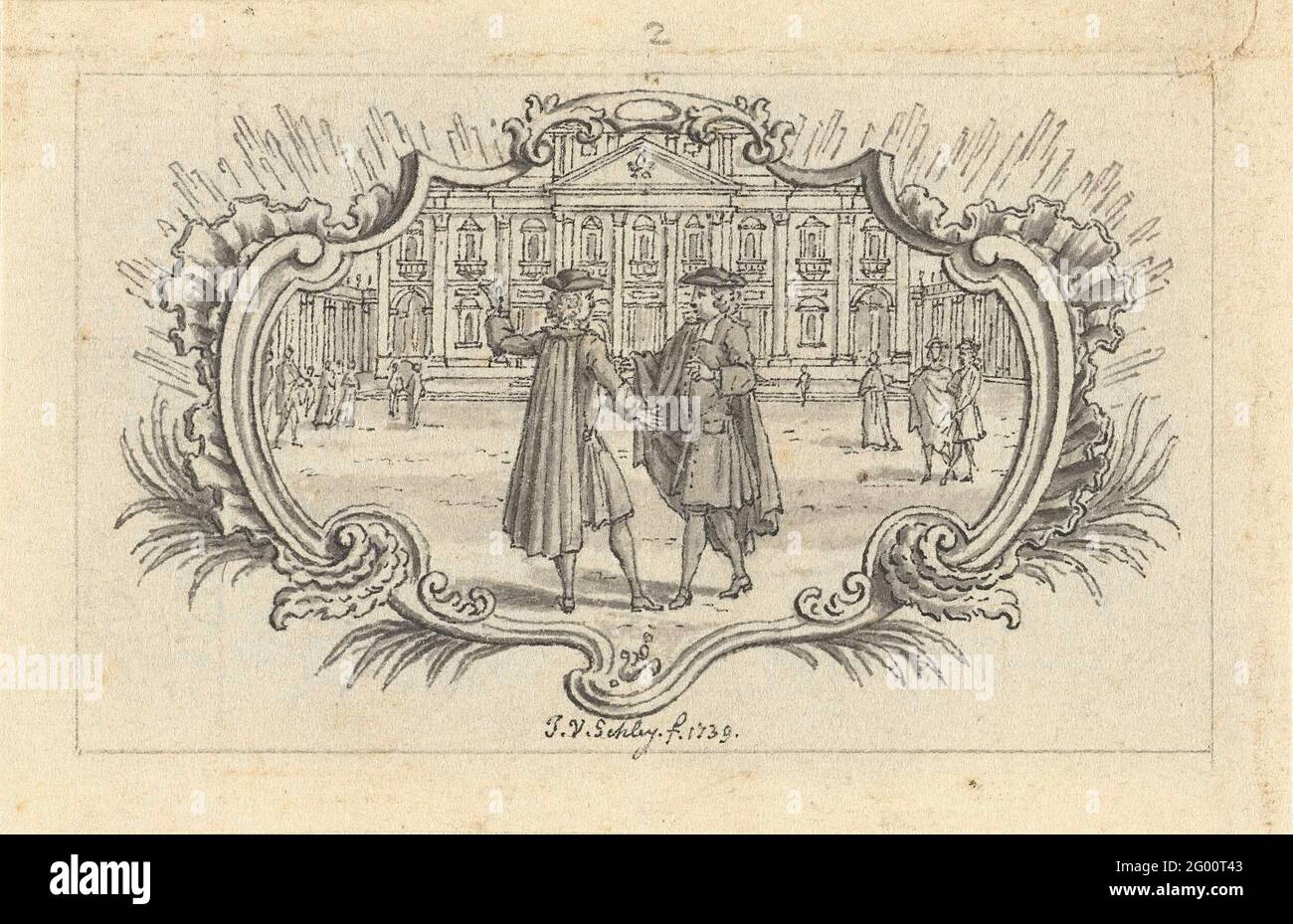 Vignette with people on a square in front of a building. Design for a ...