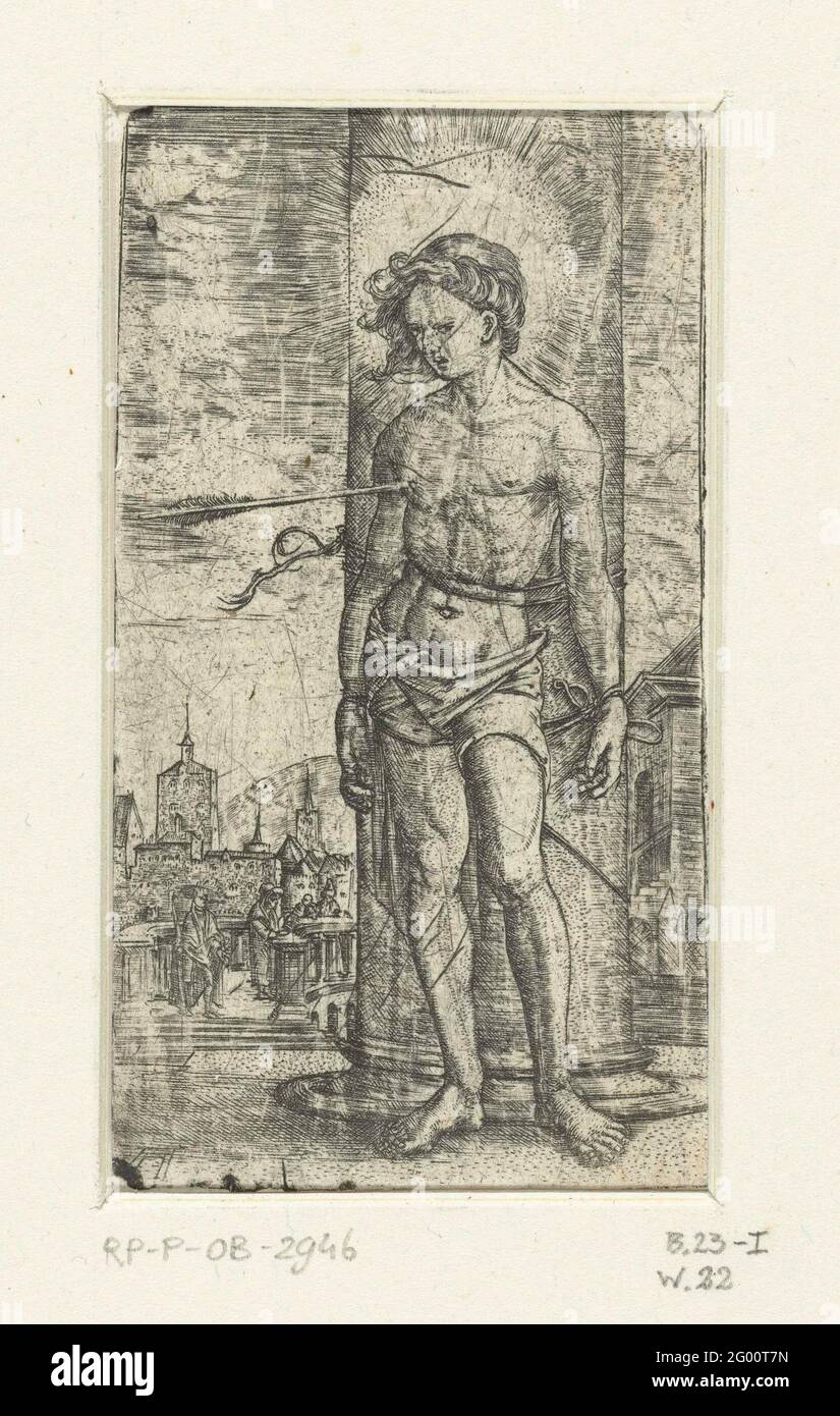 Saint Sebastiaan. Saint Sebastiaan, tied to a column, his chest pierced ...