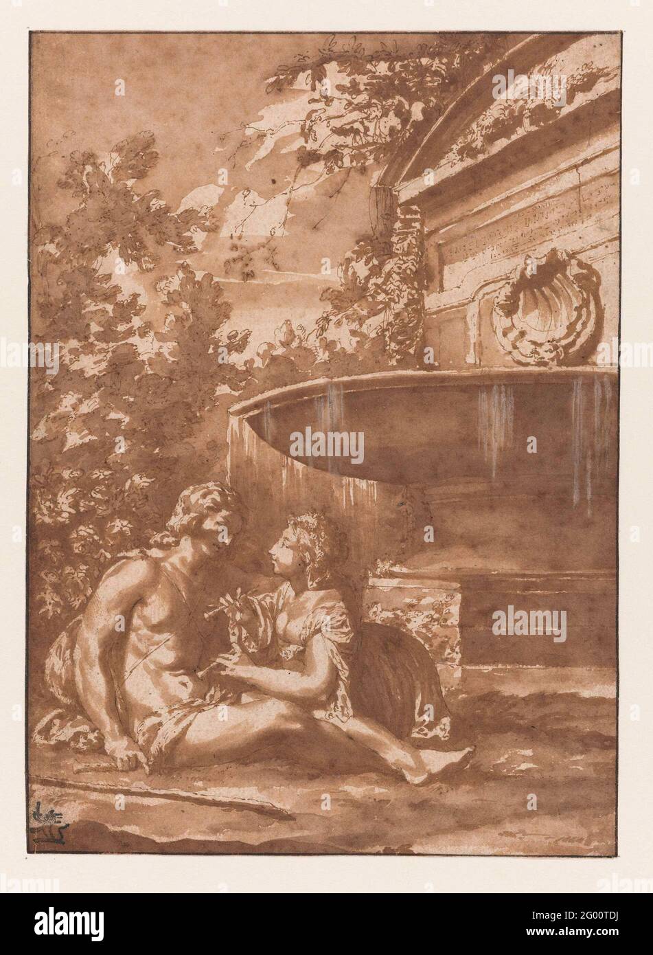 Idyll at a fountain. Idyll of a shepherd dressed in animal skin with a ...