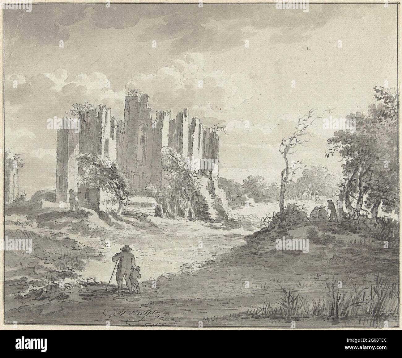 Landscape with construction trap and some farmers Stock Photo - Alamy