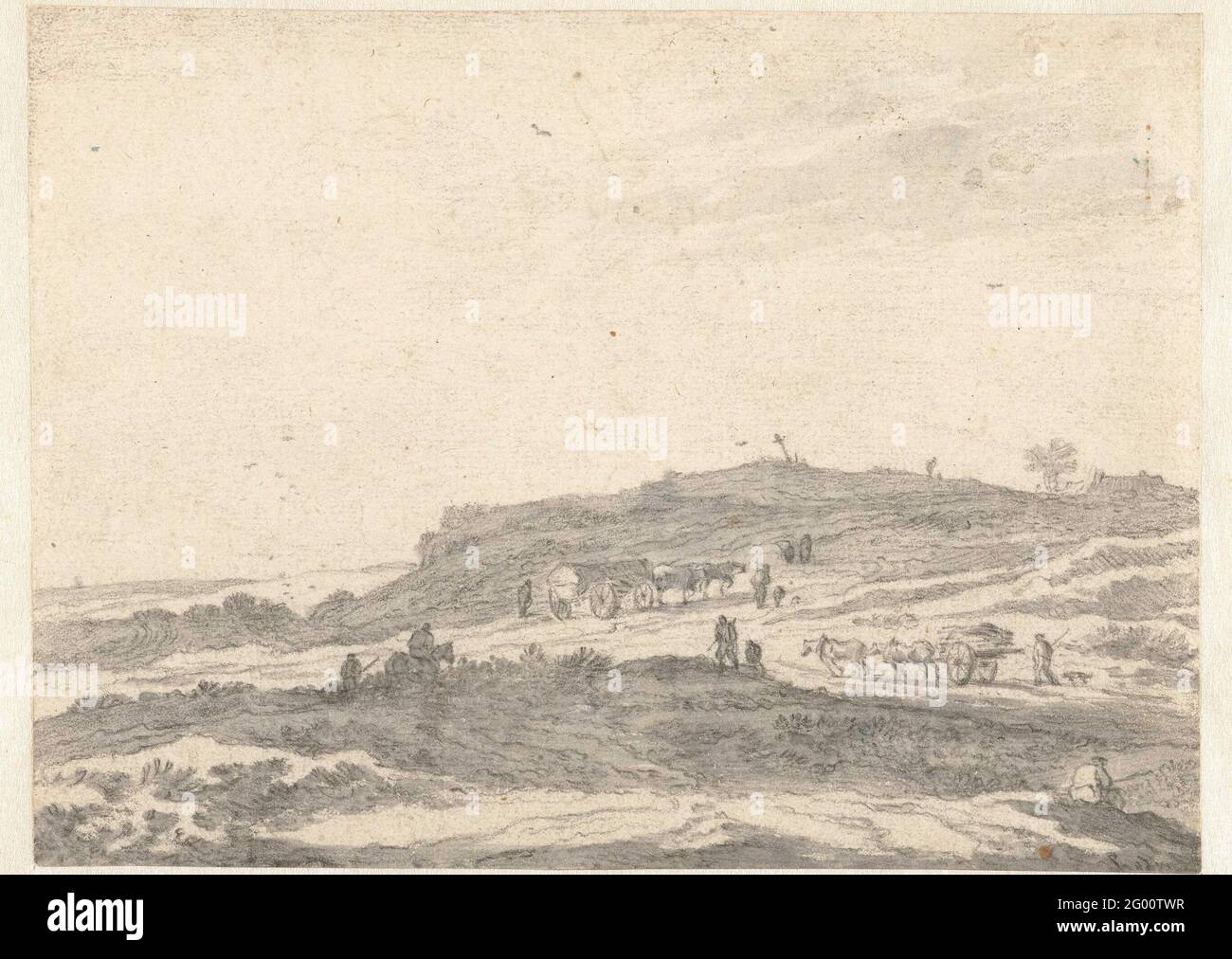 Hilly landscape with a car and a cart. Hilland landscape with a car, a ...