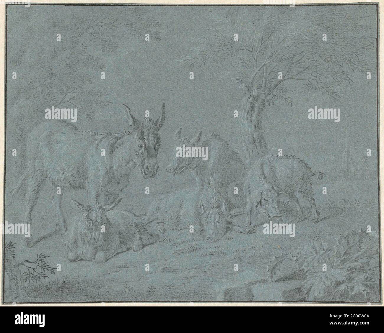 Pigs and donkeys among trees Stock Photo - Alamy