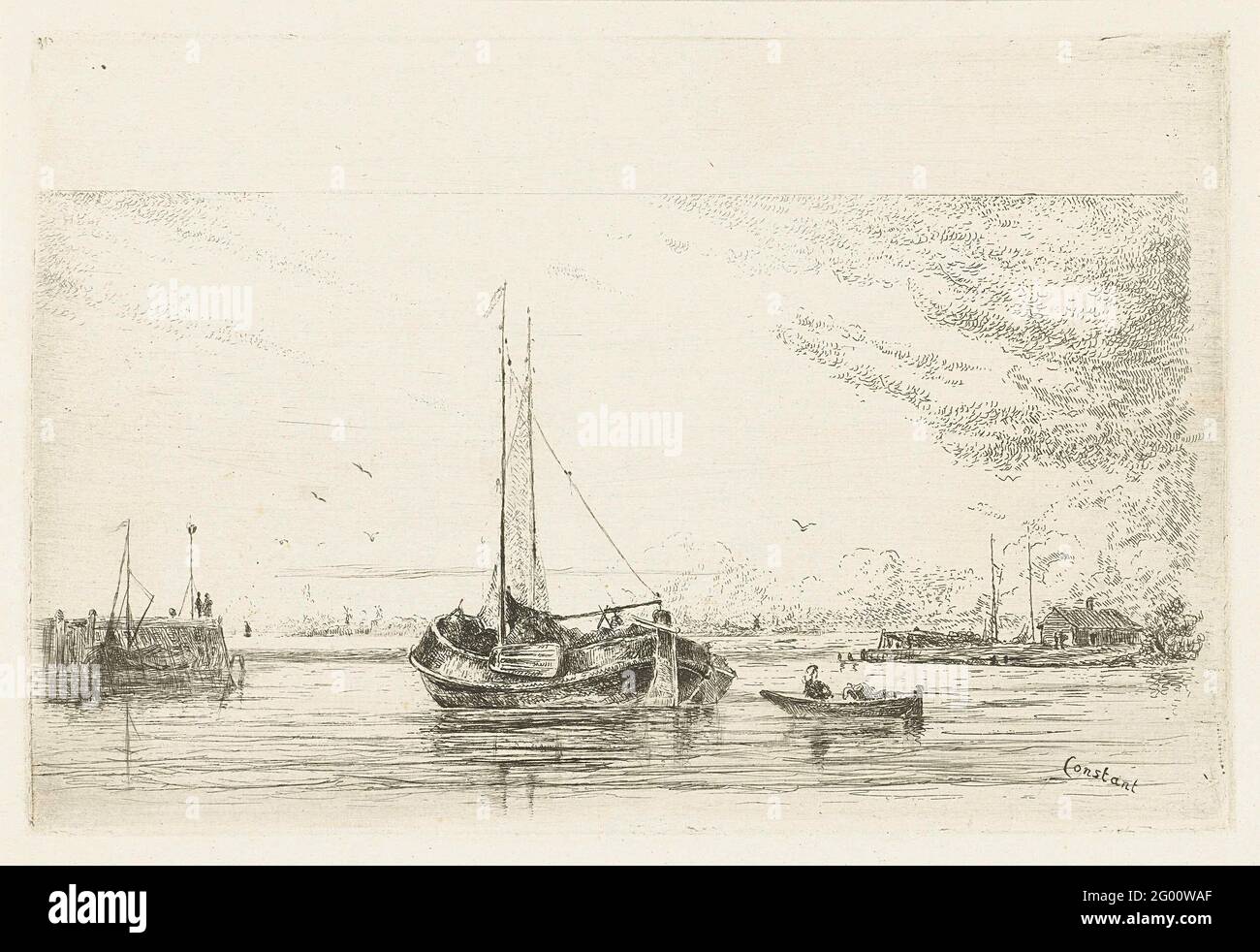 River face with barge and rowing boat Stock Photo - Alamy