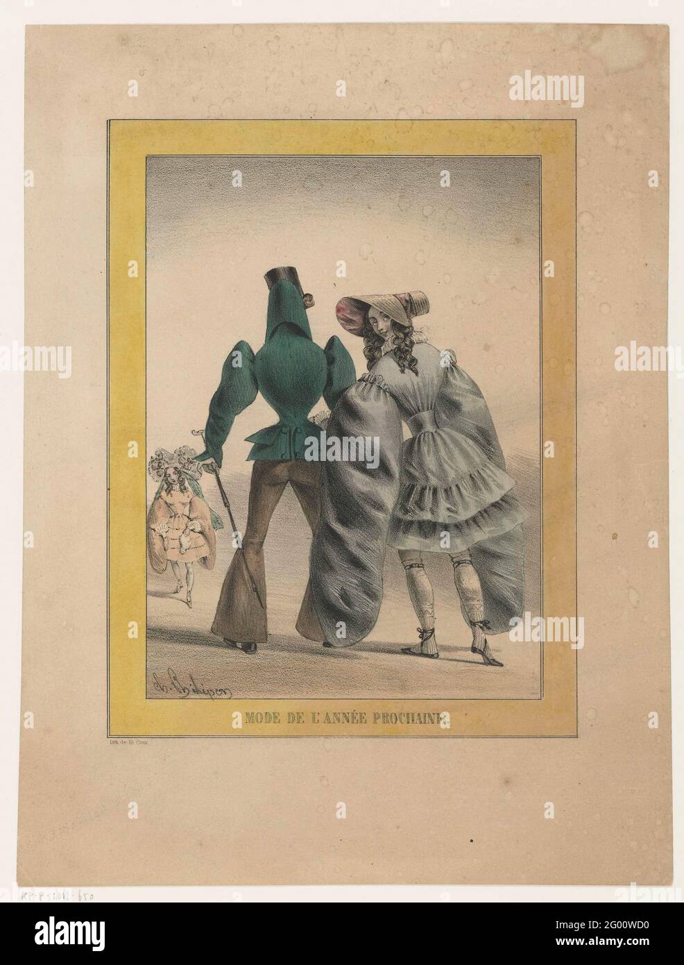Fashion the l'annee prochaine. Man and woman seen on the back. The lady is dressed in Japon to ...