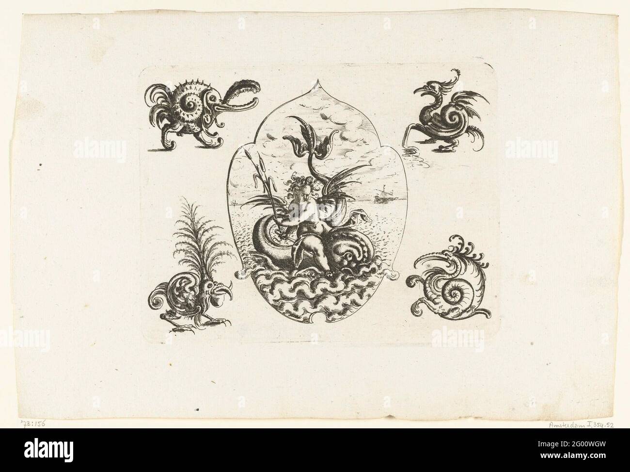 Leaf-shaped cartouche with a putto on a dolphin; Das Neuw Grottesken ...