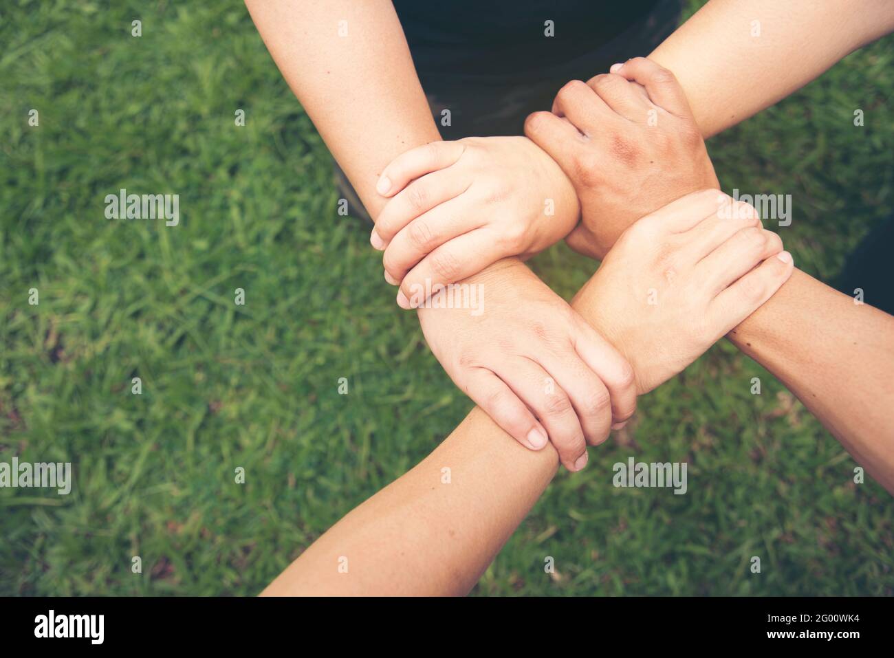 Concept partnership. Group of Photographers Partners Team with hands ...