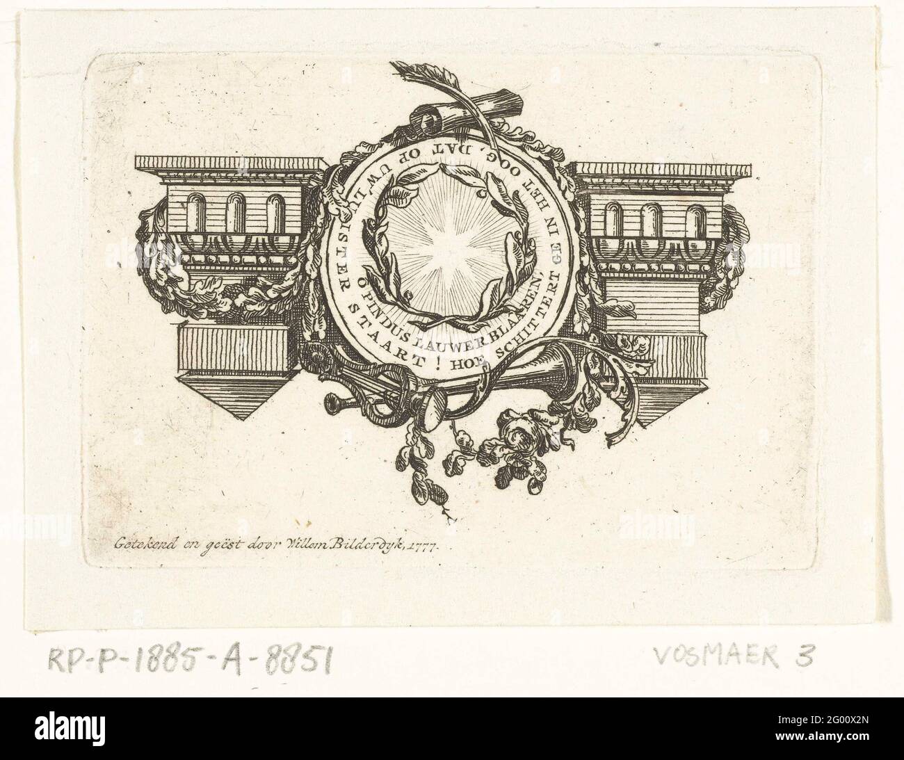 Vignet with architraaf and medallion with star and garland from oak ...