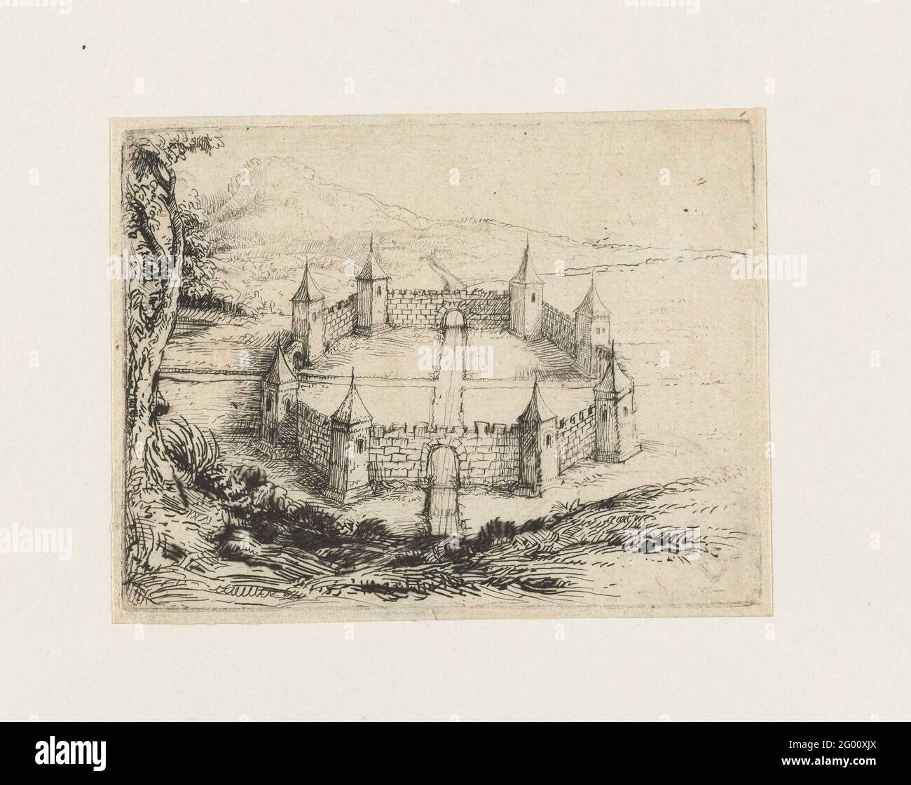 Castle. Landscape with a round fortification with eight towers and four ...