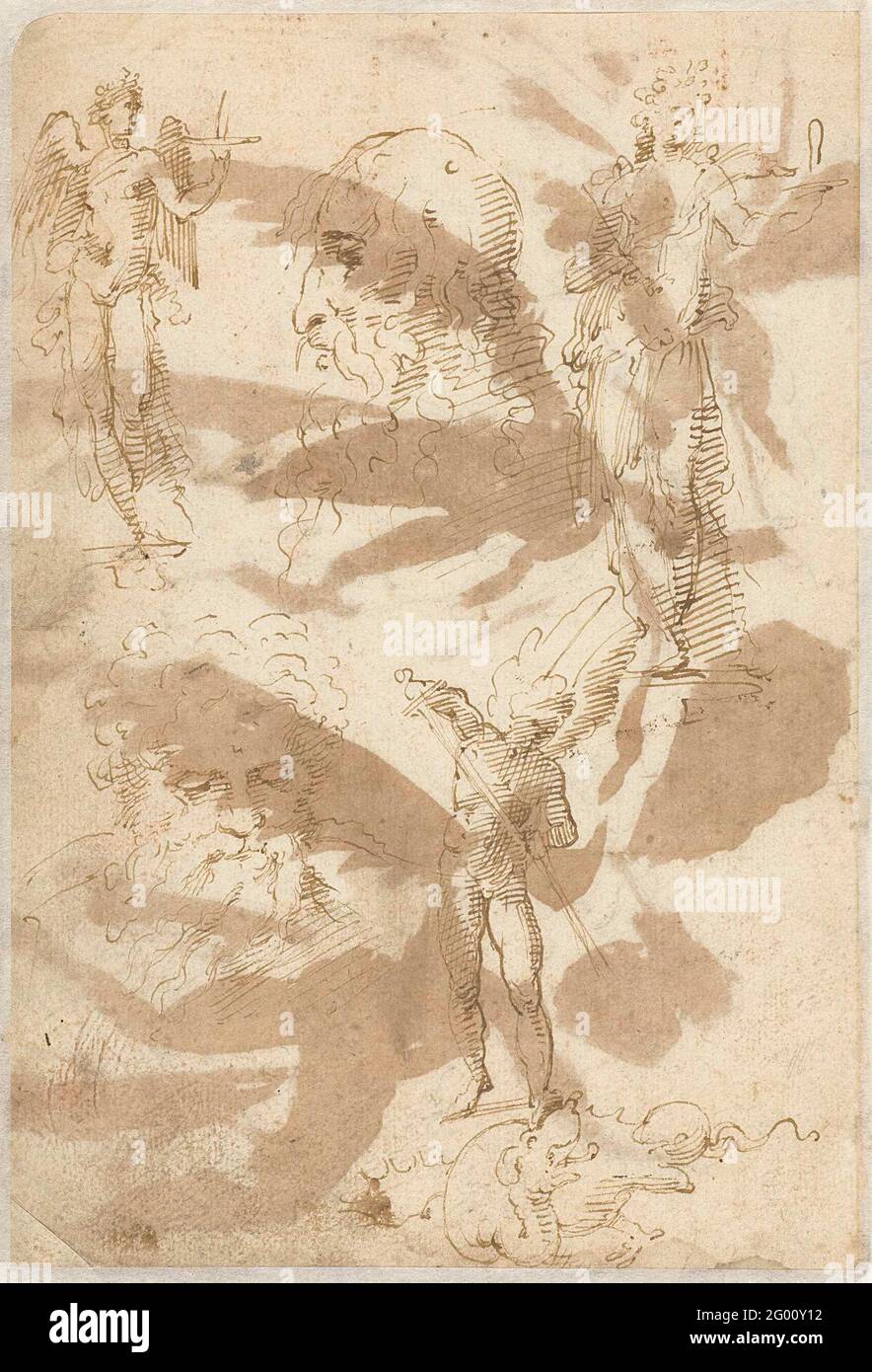 Studies of an angel, two heads and the Holy Michael. Two studies of an ...