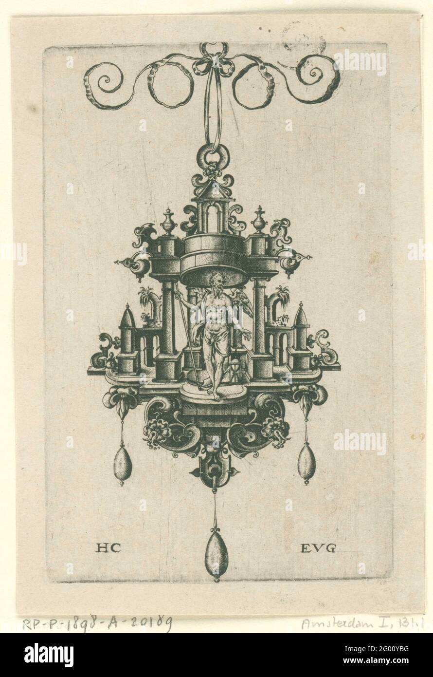 Pendant (pendeloque) with time; Hangers. Niches, decorated with volutes ...