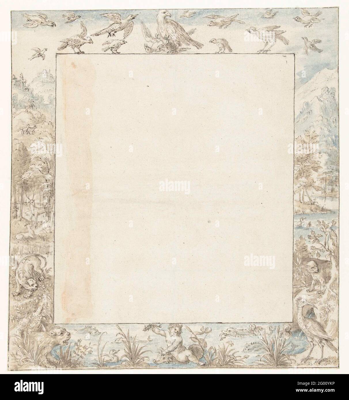 Edge decoration with birds and animals in a landscape Stock Photo - Alamy