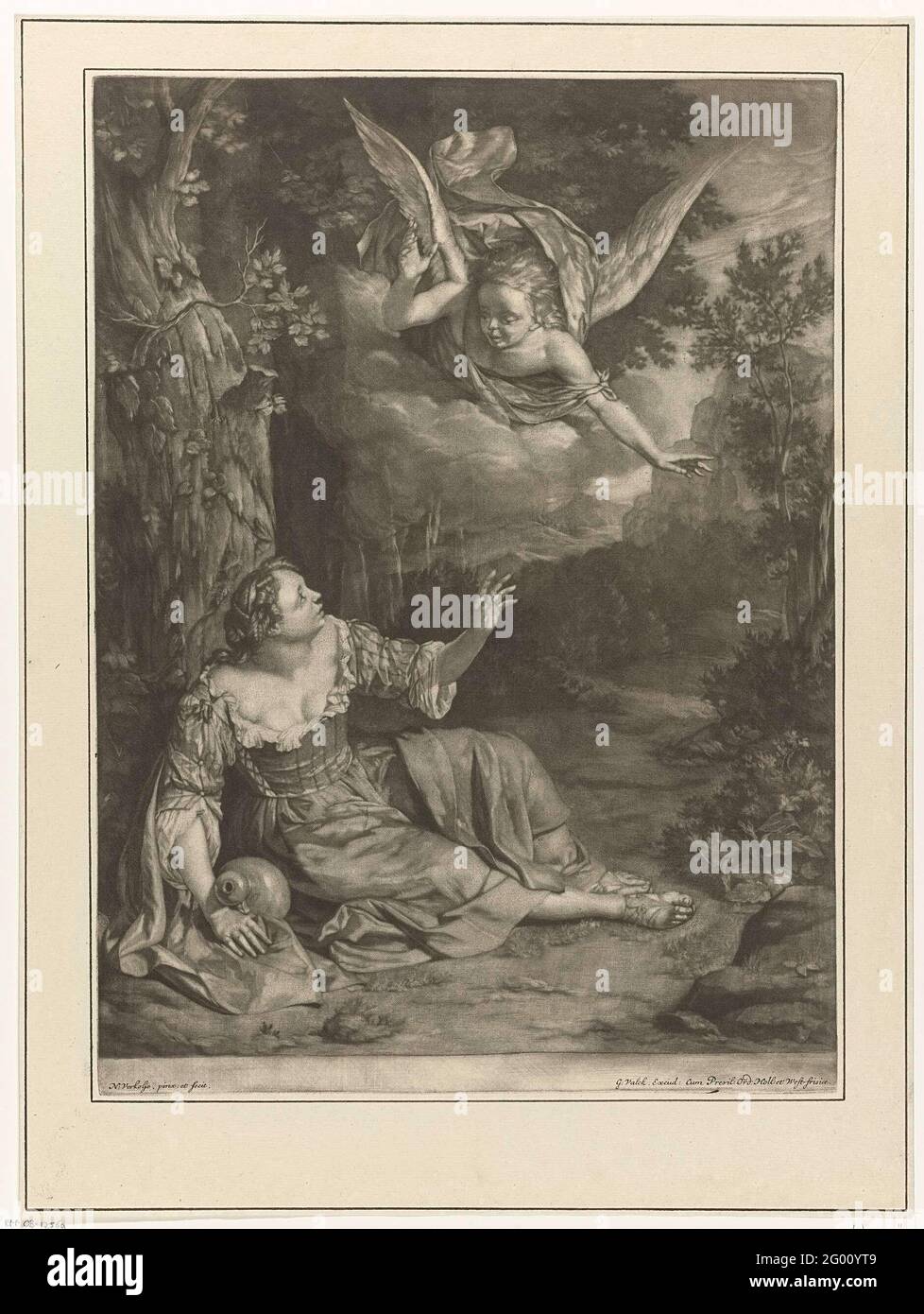 Hagar and Ismaël in the wilderness. An angel points his way to a source ...