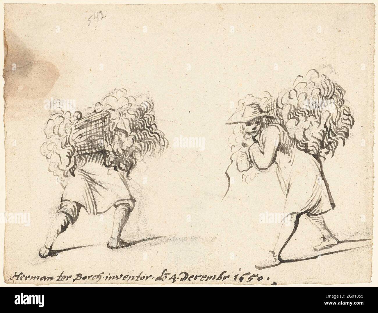 Two men with bundles of coat on their back. Study sheet with two men ...